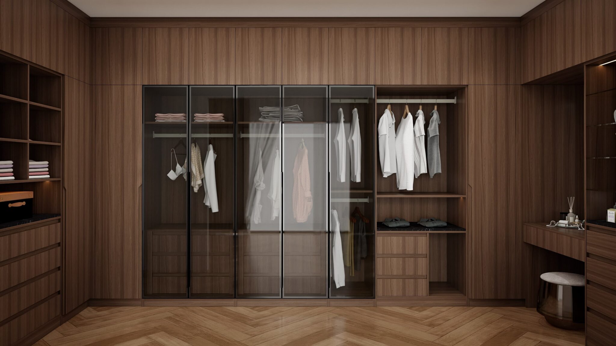 Glass Door Walnut Walk In Wardrobe – Modern Luxury Closet Design